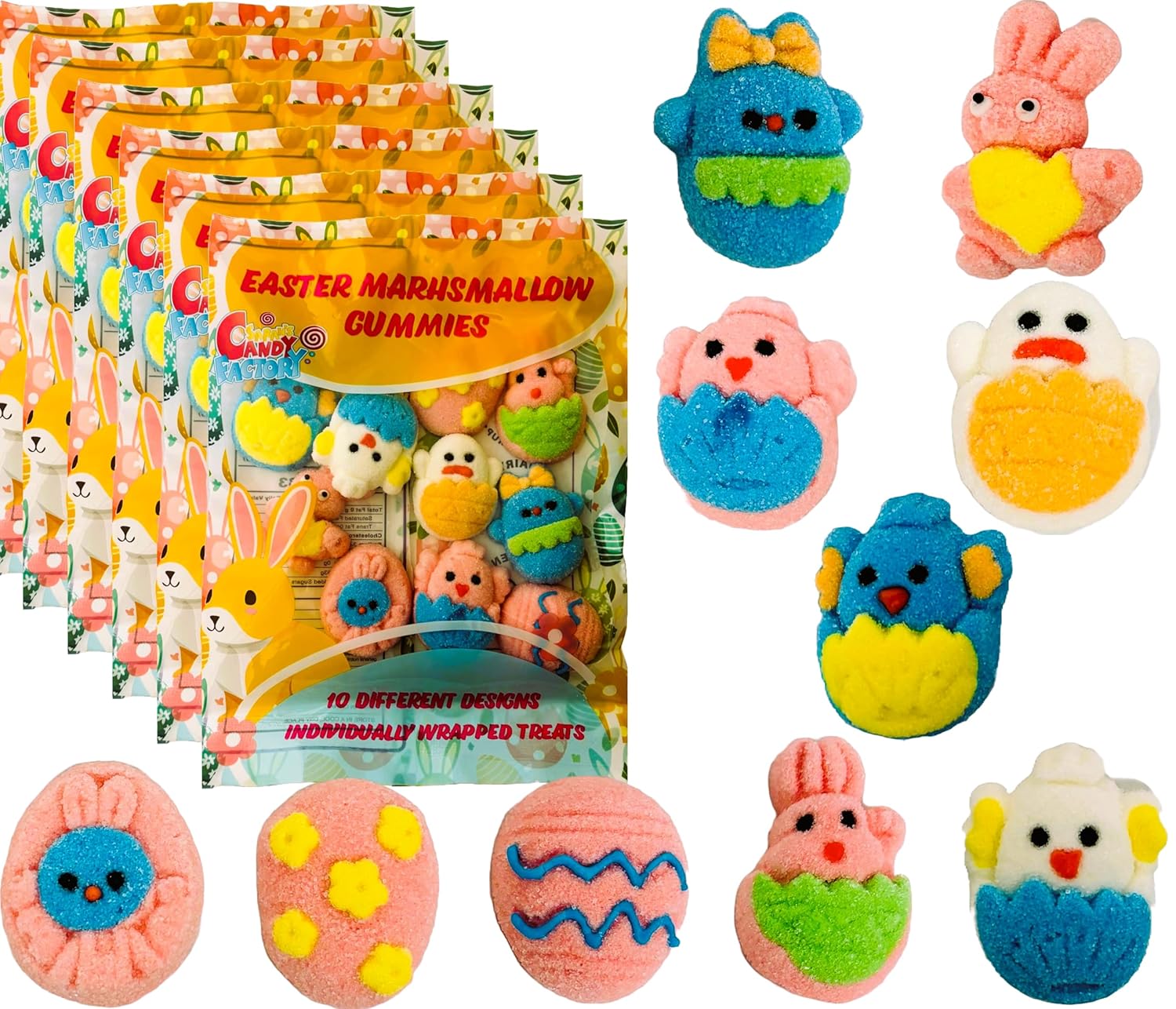 Easter Marshmallow Gummies - 10 Fun Designs, 6-Pack, Total 60 Individu ...